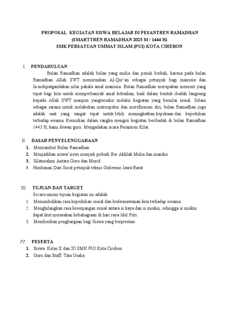 PROPOSAL KEGIATAN SMARTTREN RAMADHAN 2022 1443 H SanLat SMK PUI | PDF