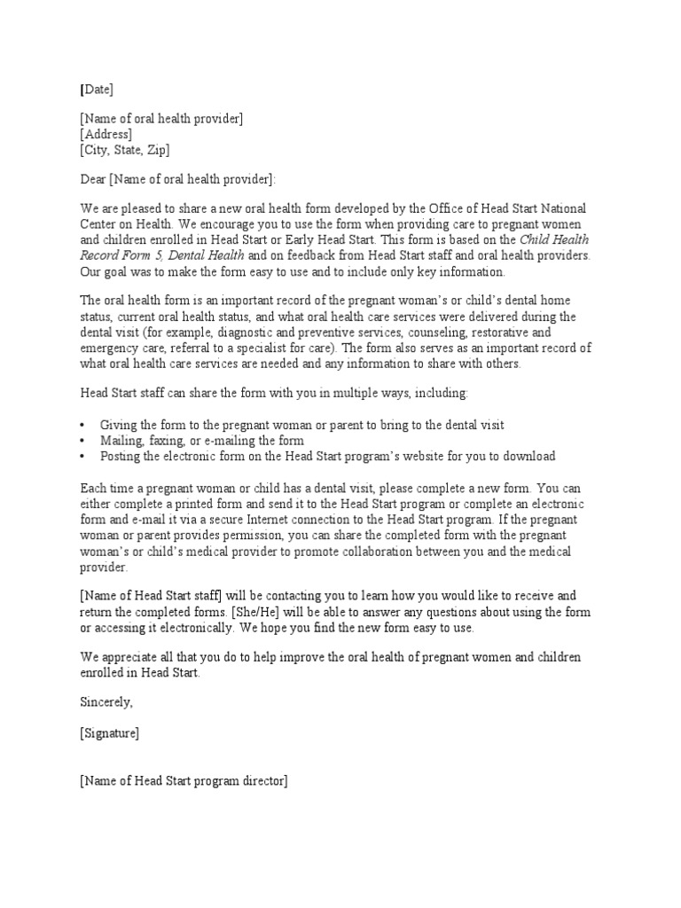 (Date) : Record Form 5, Dental Health and On Feedback From Head Start ...