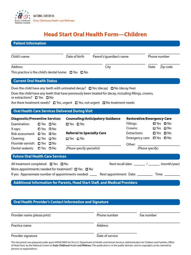 Head Start Oral Health Form-Children: N N N N N N N N N N N N | PDF ...