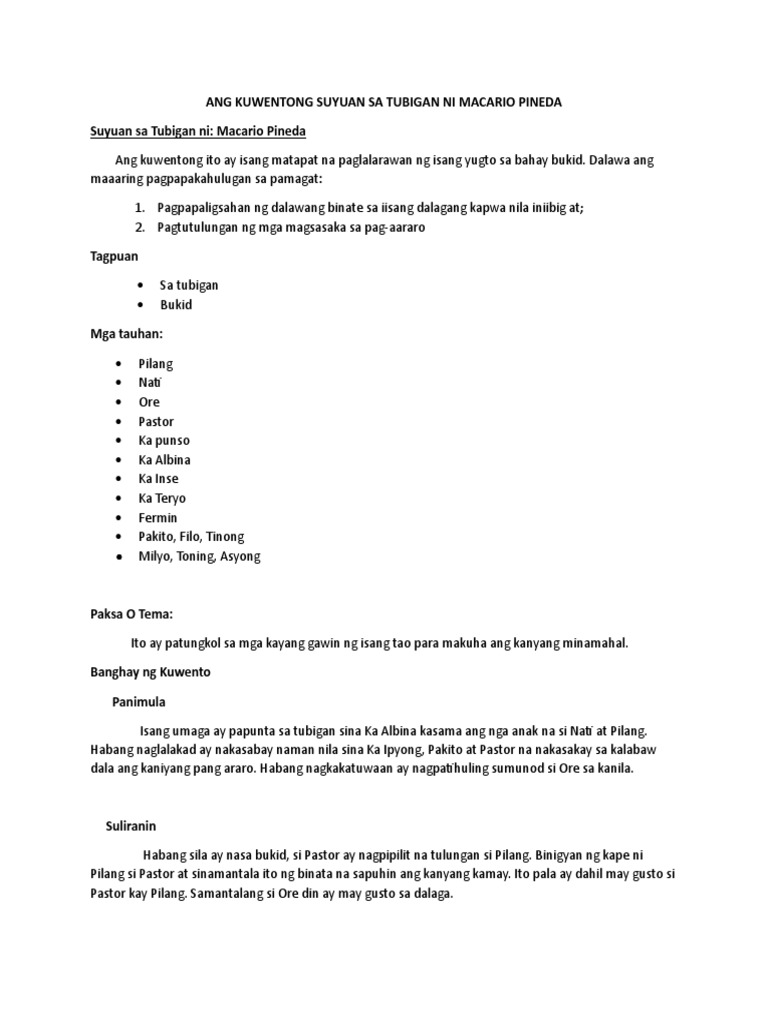 Pagsusuri Sa Kuwentong Suyuan Sa Tubigan Ni Macario Pineda | PDF