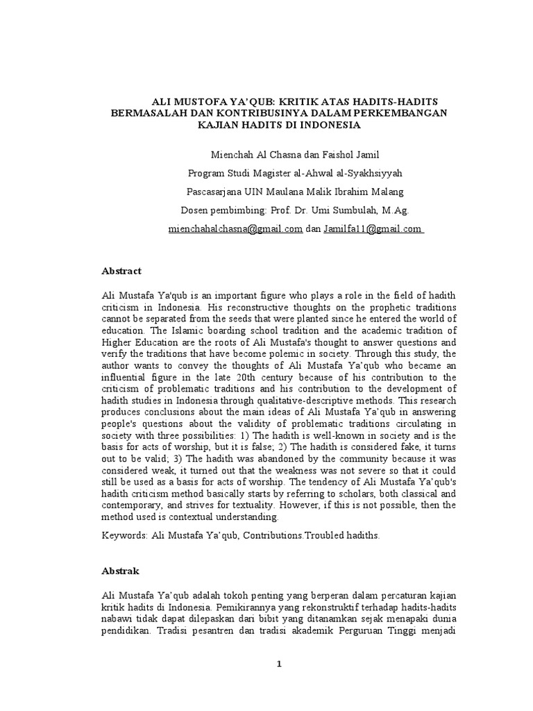 ALI MUSTOFA YAQUB (Faishol Jamil Dan Mienchah Al Chasna) | PDF | Hadith | Muhammad