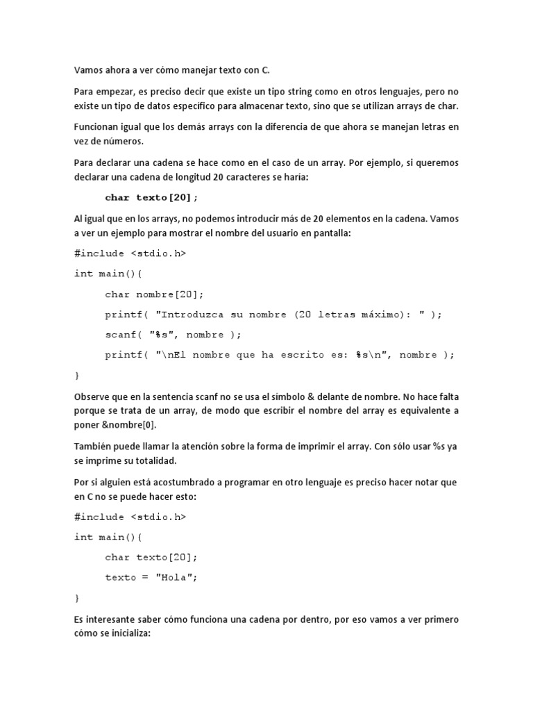 Manejo de cadenas en C | PDF | Cadena (informática) | Puntero ...