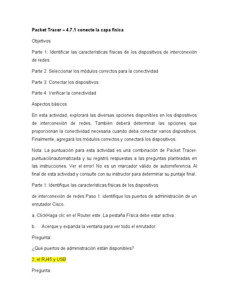 Packet Tracer - 4.7.1 Conectar La Capa Física | PDF | Enrutador (Computación) | Protocolos de ...