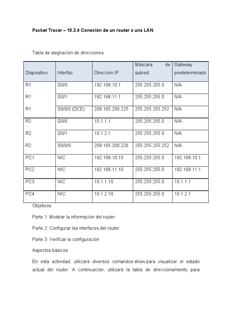 Packet Tracer - 10.3.4 Conexión de Un Router A Una LAN | PDF | Enrutador (Computación ...
