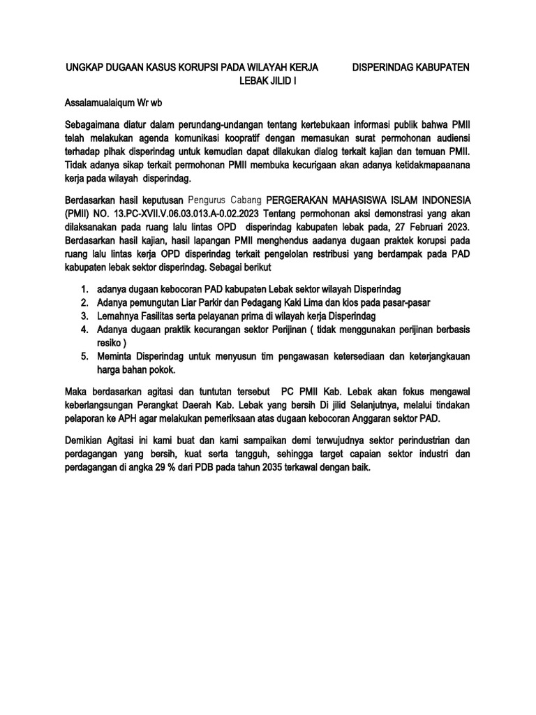 Rilis Aksi Pmii Disperindag | PDF