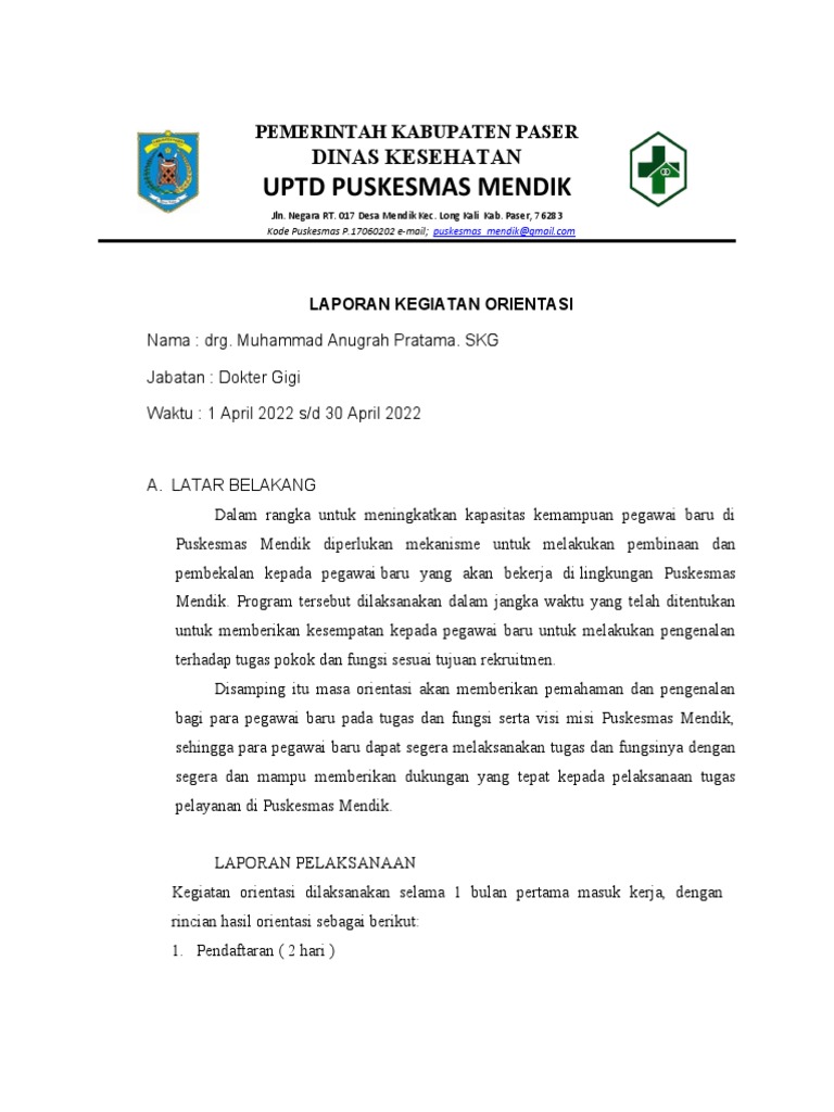 Laporan Kegiatan Orientasi Puskesmas | PDF | Pengembangan Diri | Kesehatan Holistik