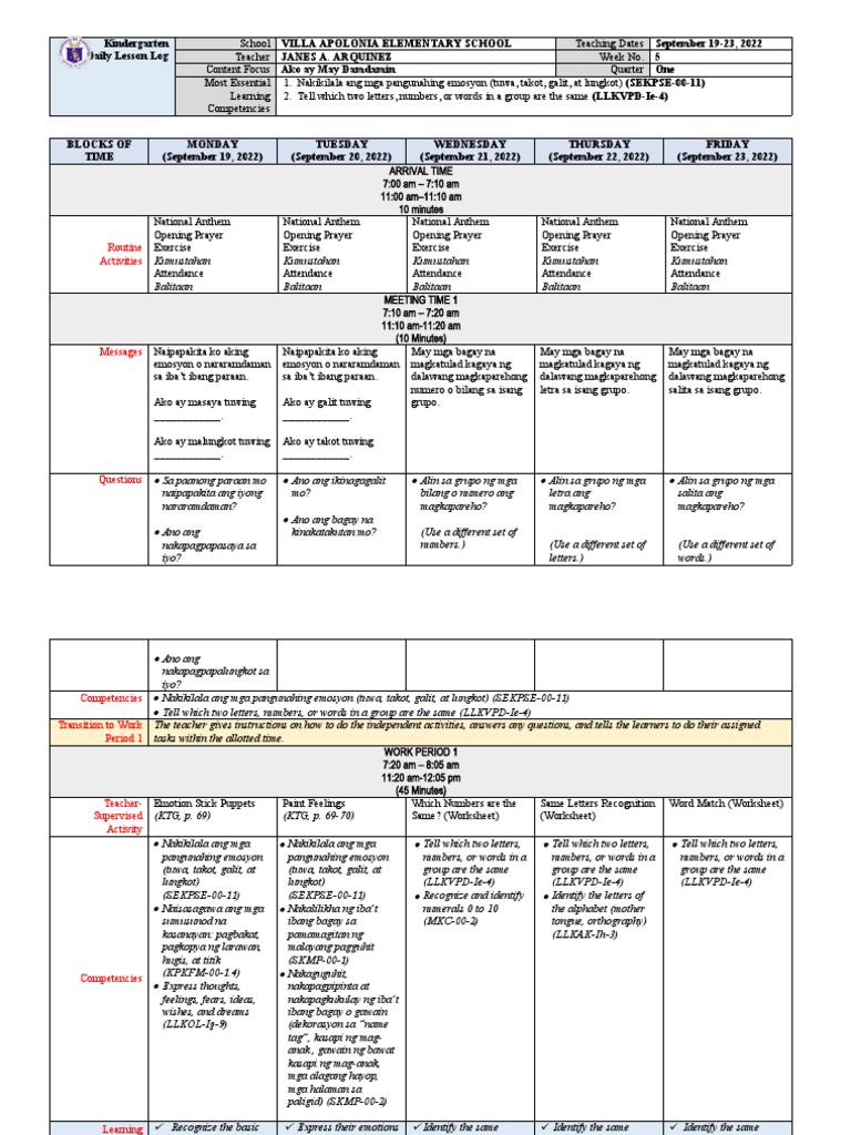 Kindergarten-DLL-MELC-Q1-Week 5 | PDF