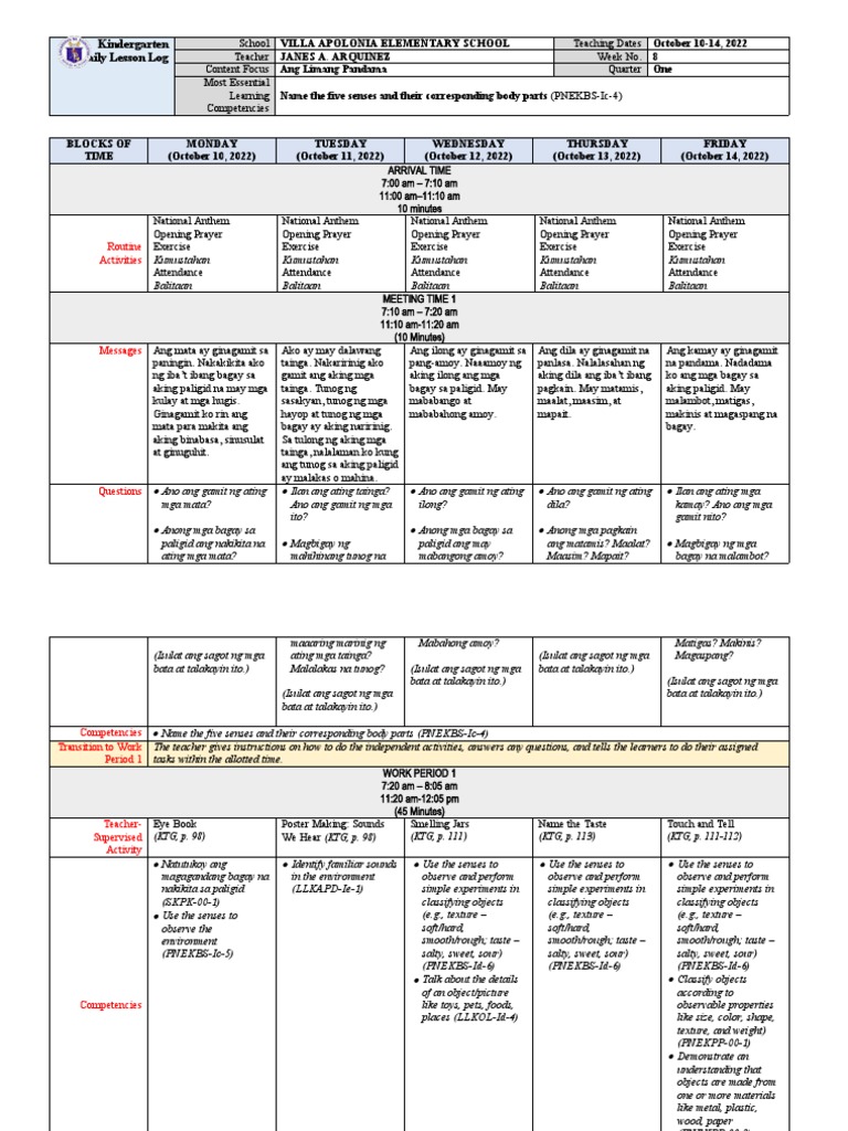 Kindergarten-DLL-MELC-Q1-Week 8 Asf | PDF