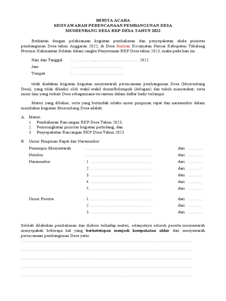 BA. Musrenbang Desa RKP Desa | PDF | Griya & Taman | Seni