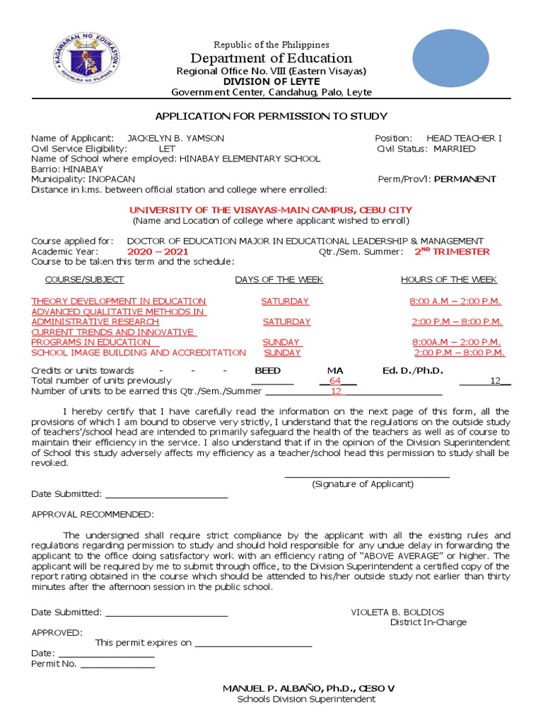 Permit To Study Format | PDF | Teachers | College