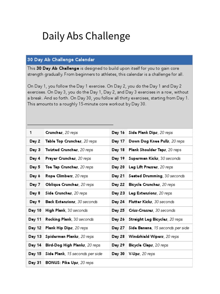 Daily Abs Challenge: 30 Day Ab Challenge Calendar | PDF
