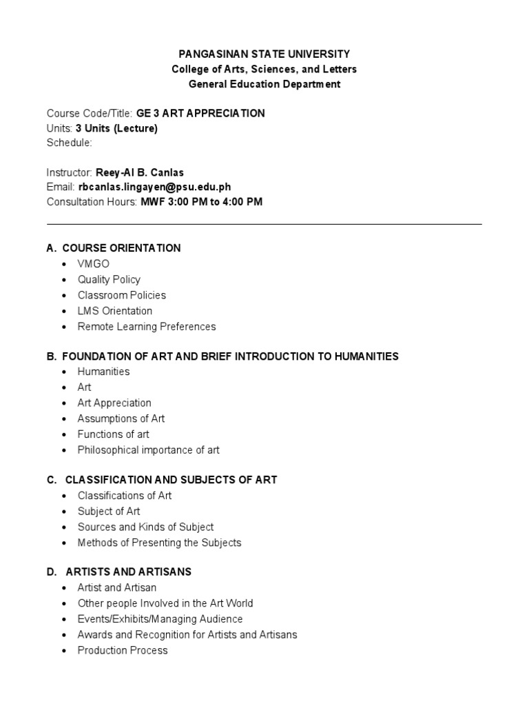 GE 3 Art Appreciation Course Outline | PDF | The Arts | Academic Dishonesty