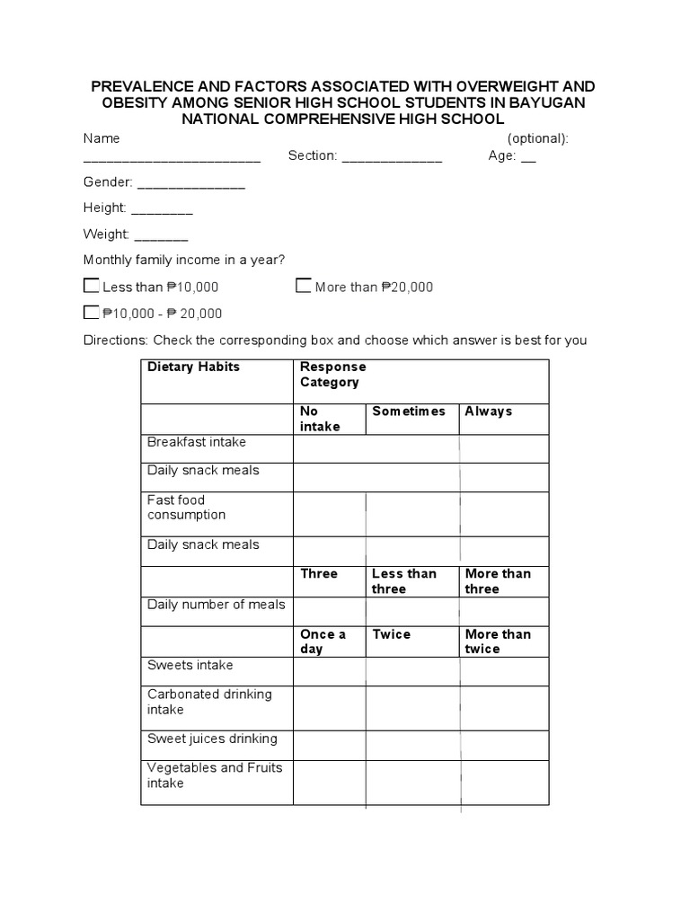 Kyrie Questionnaire 1 | PDF | Obesity | Meal