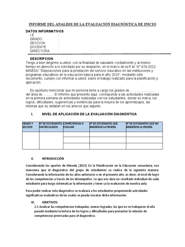 Informe Del Analisis de La Evaluacion Diagnostica de Inicio | PDF | Evaluación | Aprendizaje