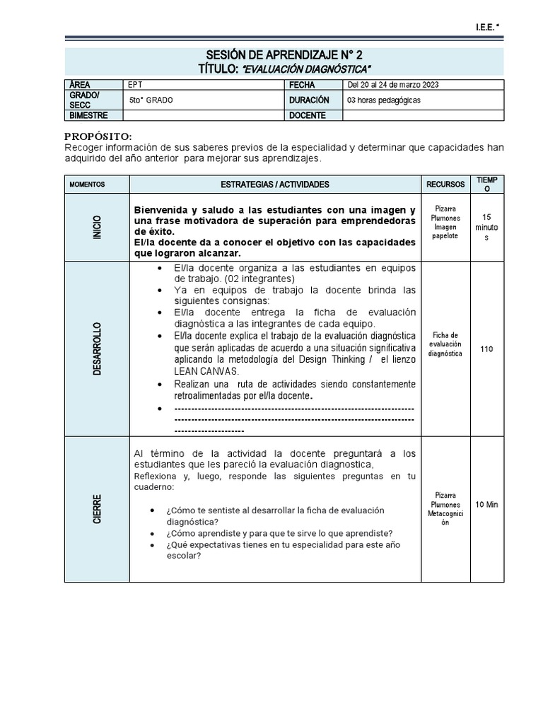 SESIÓN DE APRENDIZAJE de Evaluacion Diagnostica | Descargar gratis PDF | Evaluación | Cognición