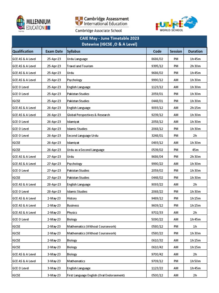 CAIE June 2023 Exam Timetable (Datewise) | PDF | Vocational Education ...