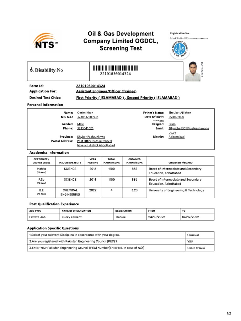 Roll No Slip OGDCL | PDF