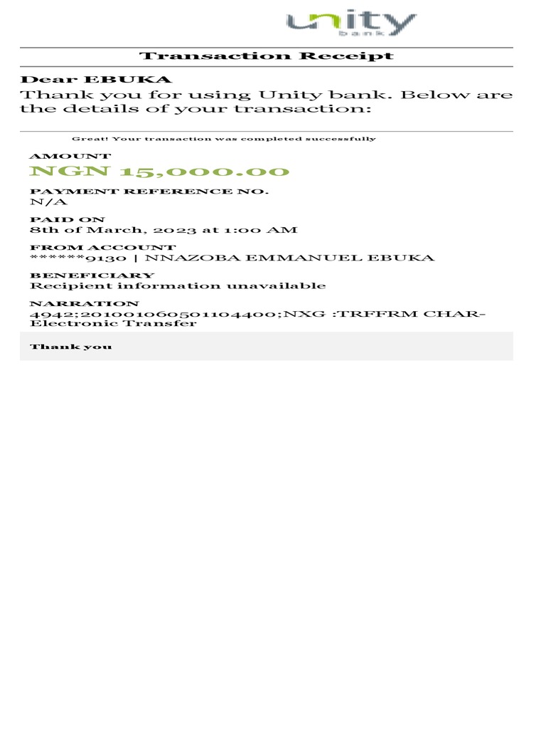 Unity Bank Transaction Receipt Details | PDF