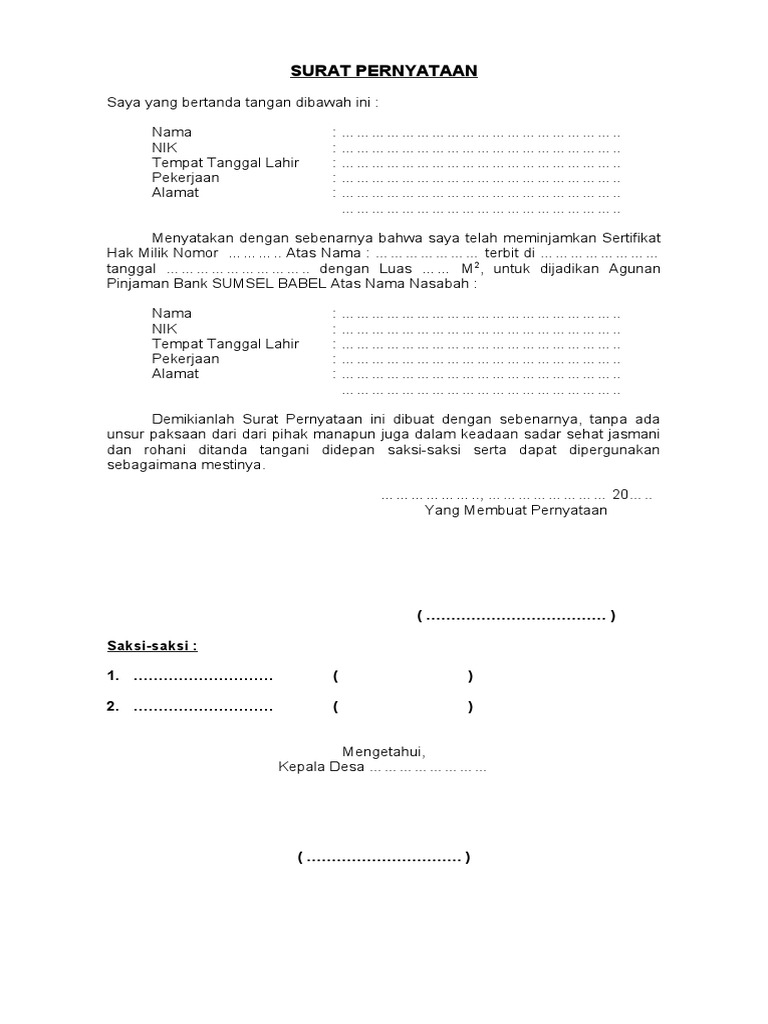 Surat Pernyataan Pinjaman Sertifikat Hak Milik | PDF