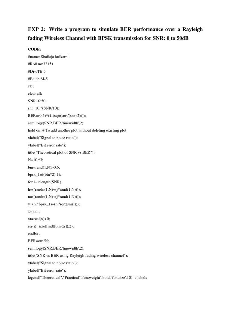 Exp 2: Write A Program To Simulate BER Performance Over A Rayleigh Fading Wireless Channel With ...