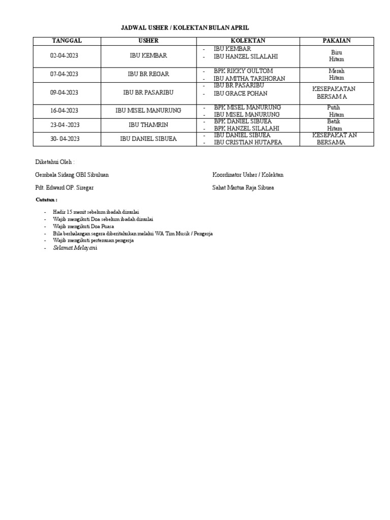 Jadwal Kolektan April 2023 | PDF
