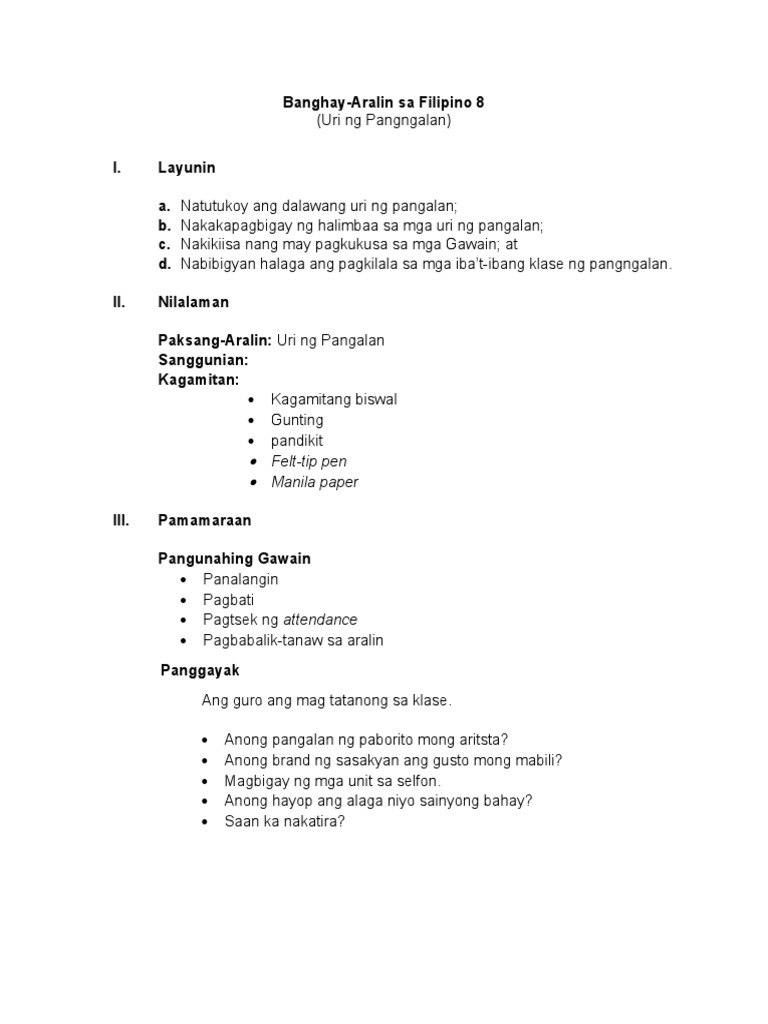 Lesson Plan For Filipino | PDF