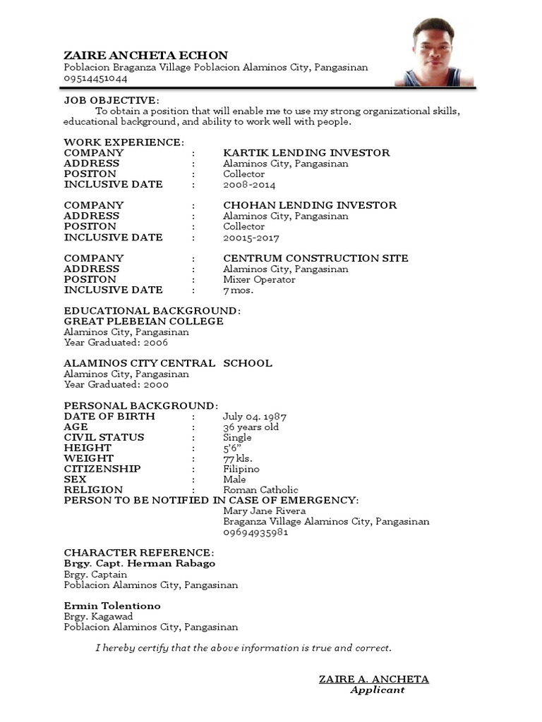 Resume of Zaire Ancheta Echon | PDF | Cooking, Food & Wine