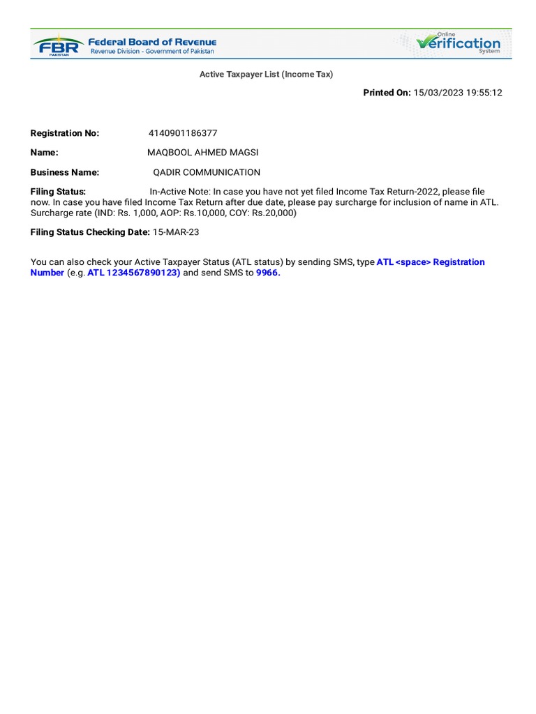 Inactive Taxpayer Status Notice | PDF