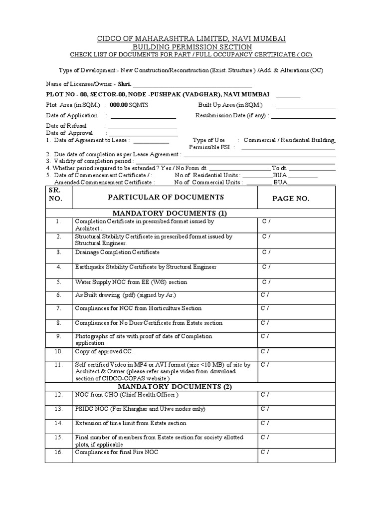 Cidco - Document List (Oc) | PDF