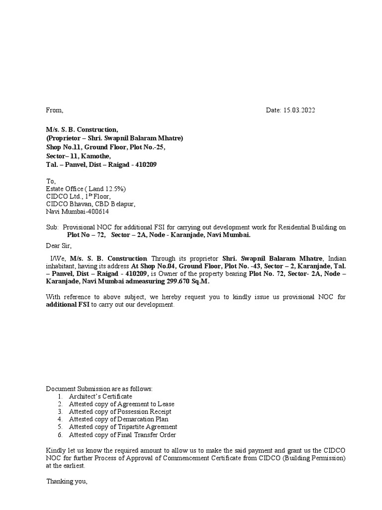 Letter For CIDCO Ancillary FSI | PDF | Law
