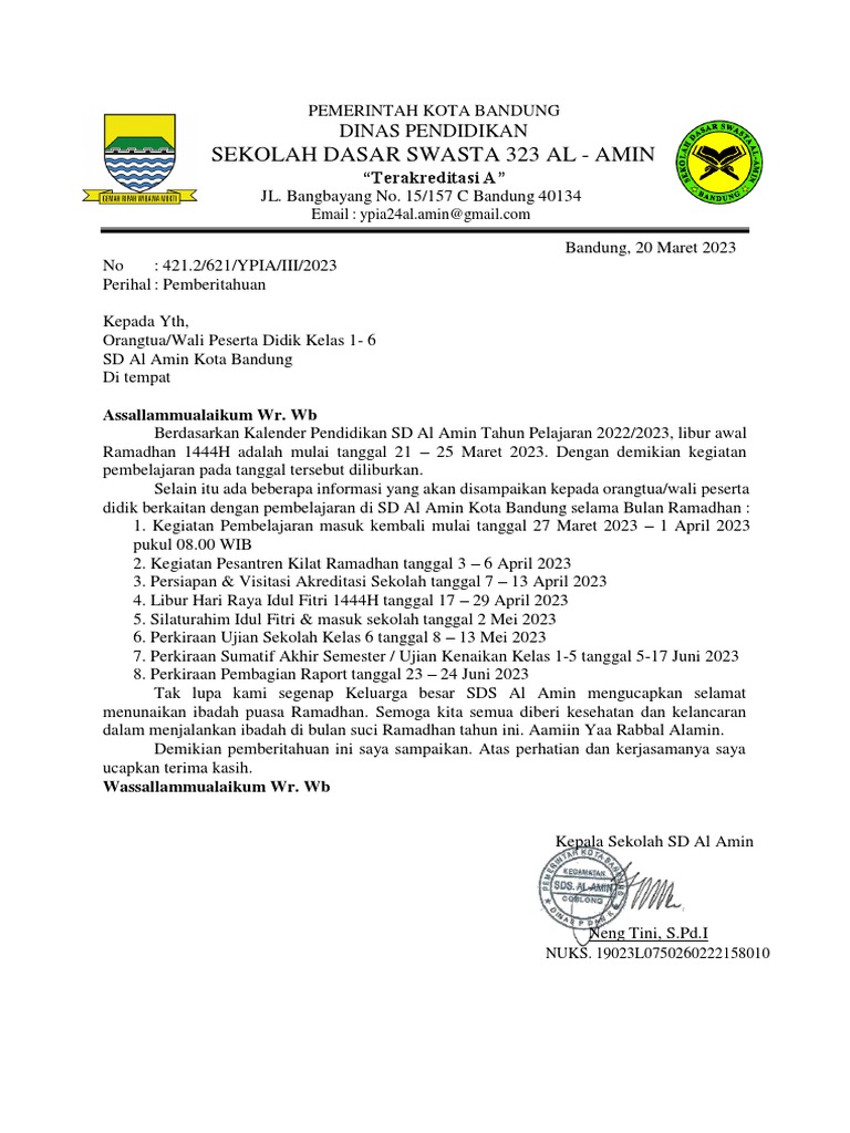 Pemberitahuan Libur dan Jadwal Kegiatan Sekolah di SD Al Amin Selama Bulan Ramadhan 1444H | PDF