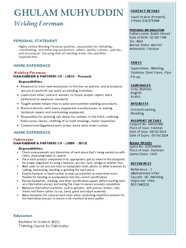 Gulam CV | PDF | Welding | Construction
