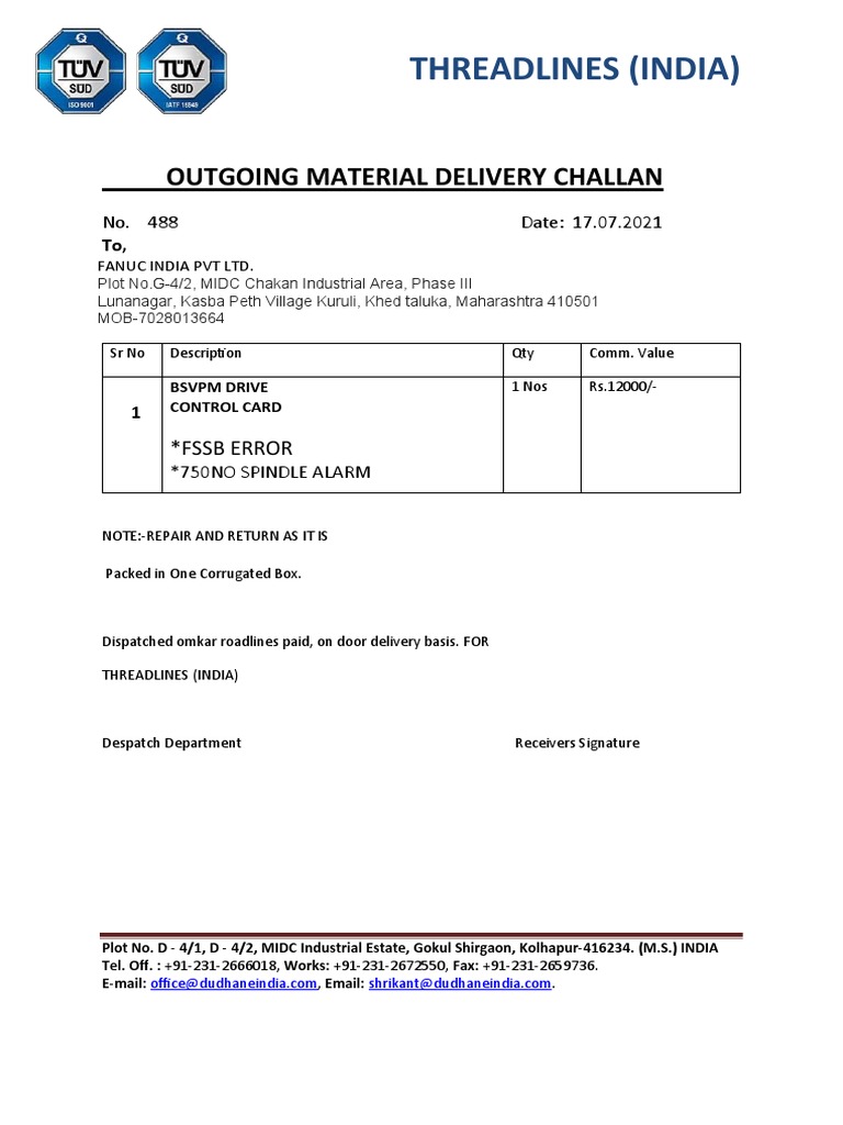 Threadlines (India) : Outgoing Material Delivery Challan | PDF