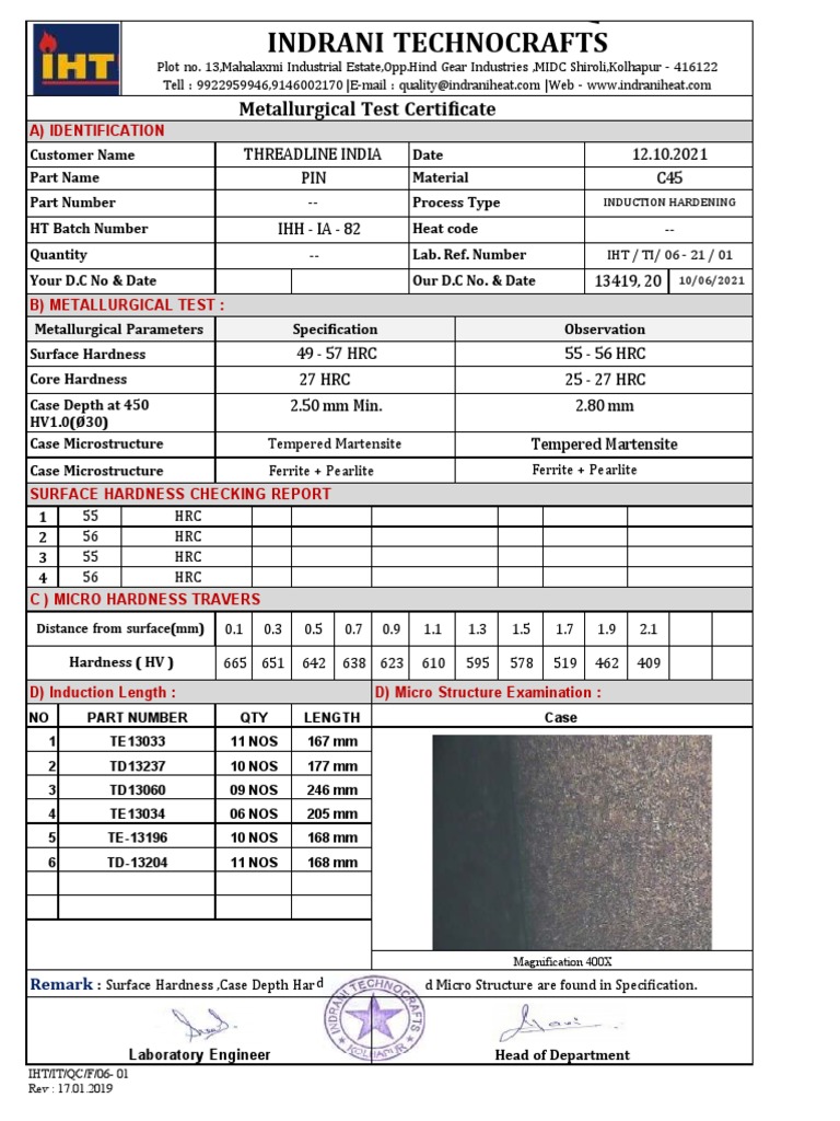 Indrani Technocrafts: Metallurgical Test Certificate | PDF | Hardness ...
