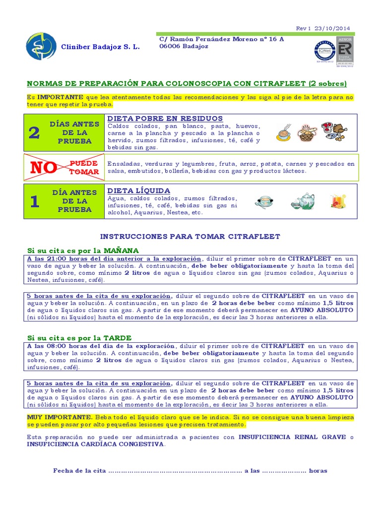 Preparación para Colonoscopia Con Citrafleet Mañana y Tarde | PDF ...