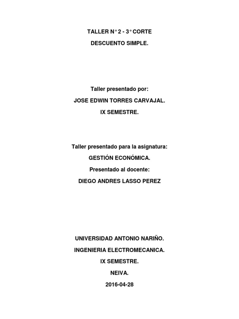 Taller #2 - 3° Corte - Electromecanica Ix - Descuentos | PDF | Bancos | Interés