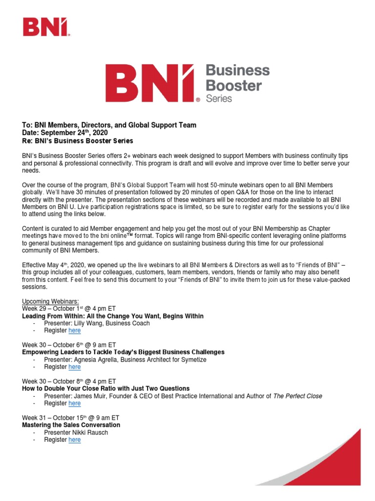 To: BNI Members, Directors, and Global Support Team Date: September 24 ...