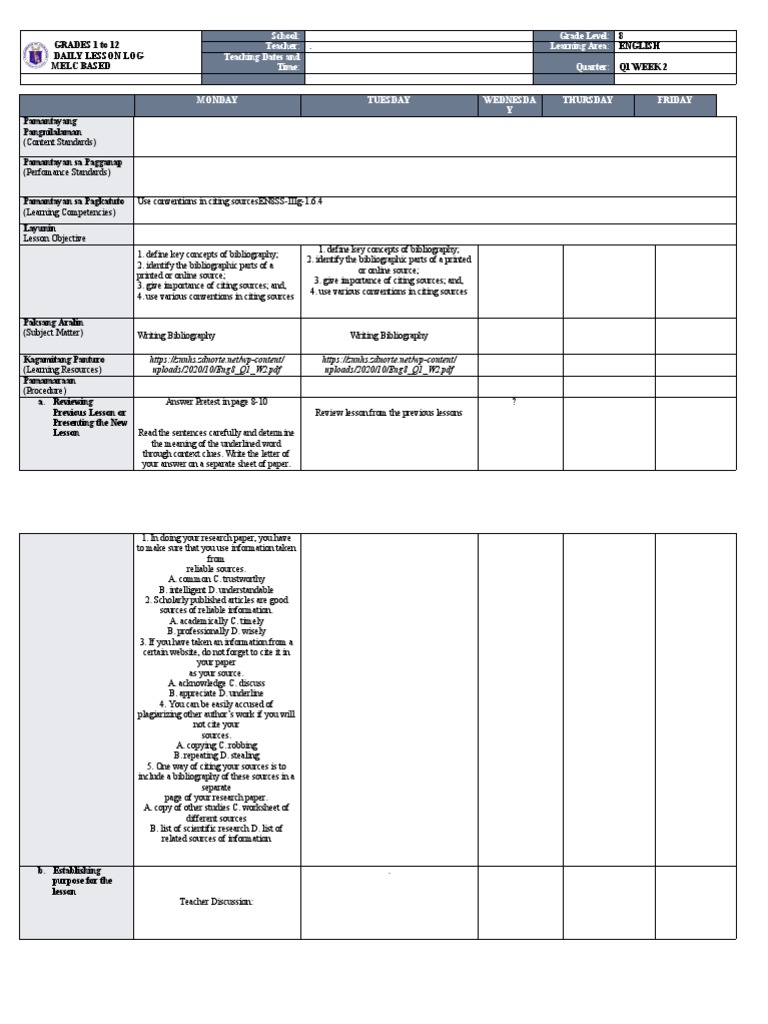 Melc DLL Eng 8 Week 2 Q1 Done | PDF | Bibliography | Books