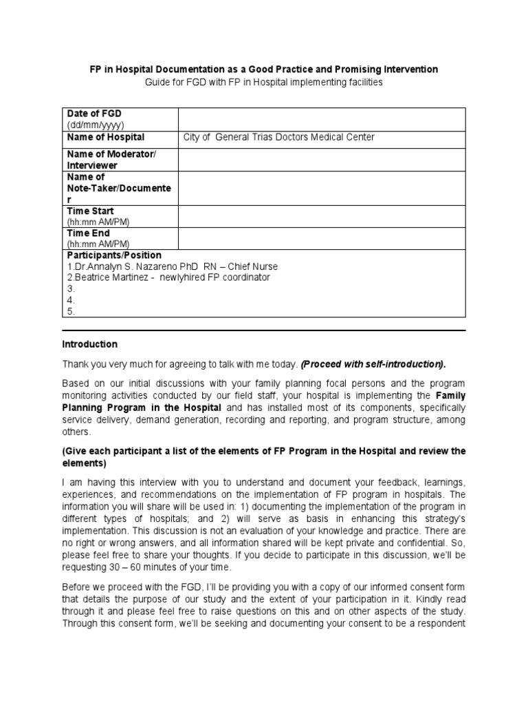 FGD Guide - GPPI Documentation - Study Group | PDF | Informed Consent | Family Planning