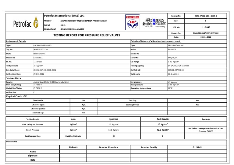 Testing Report For Pressure Relief Valves: Petrofac International (UAE ...