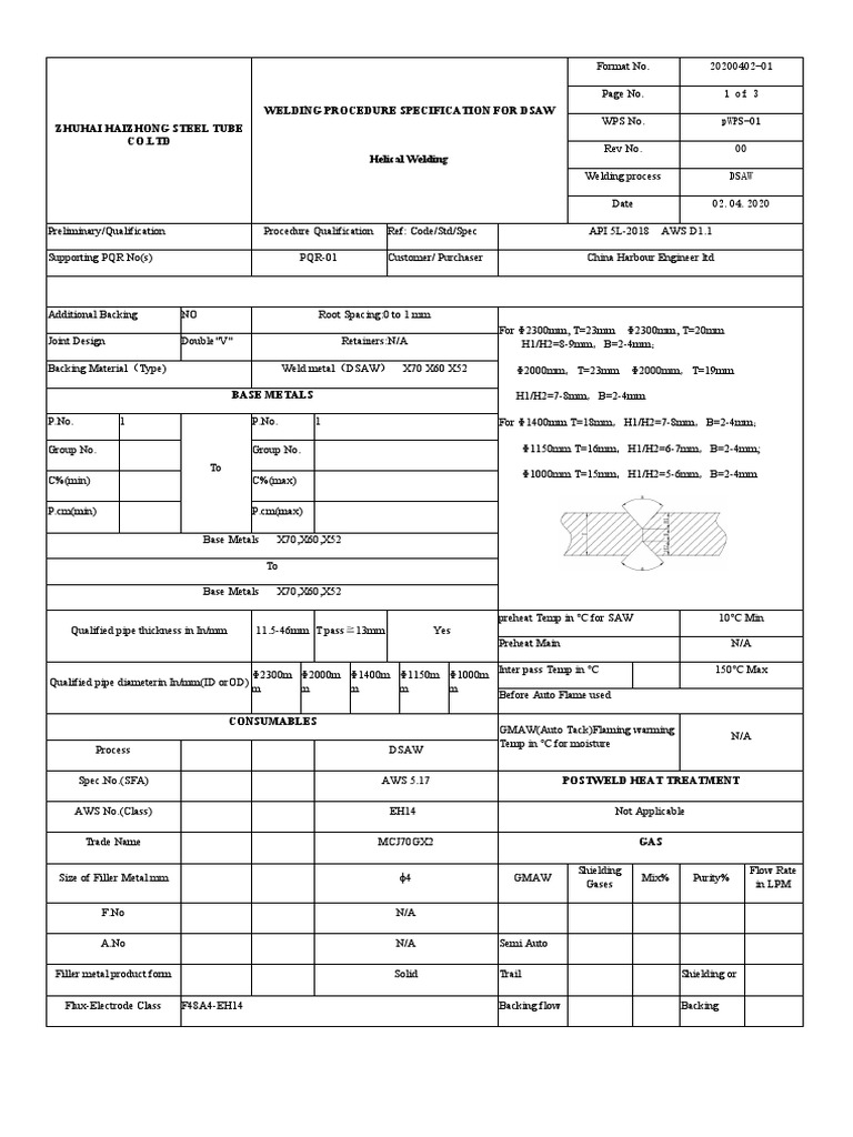 DSAW Helical Welding Procedure Specification | PDF | Construction | Welding