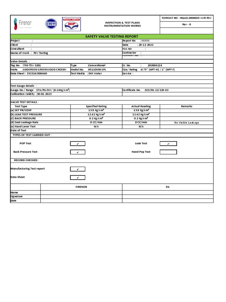 ITP FORMAT - PSV Modified Formate | PDF | Tools | Manufactured Goods