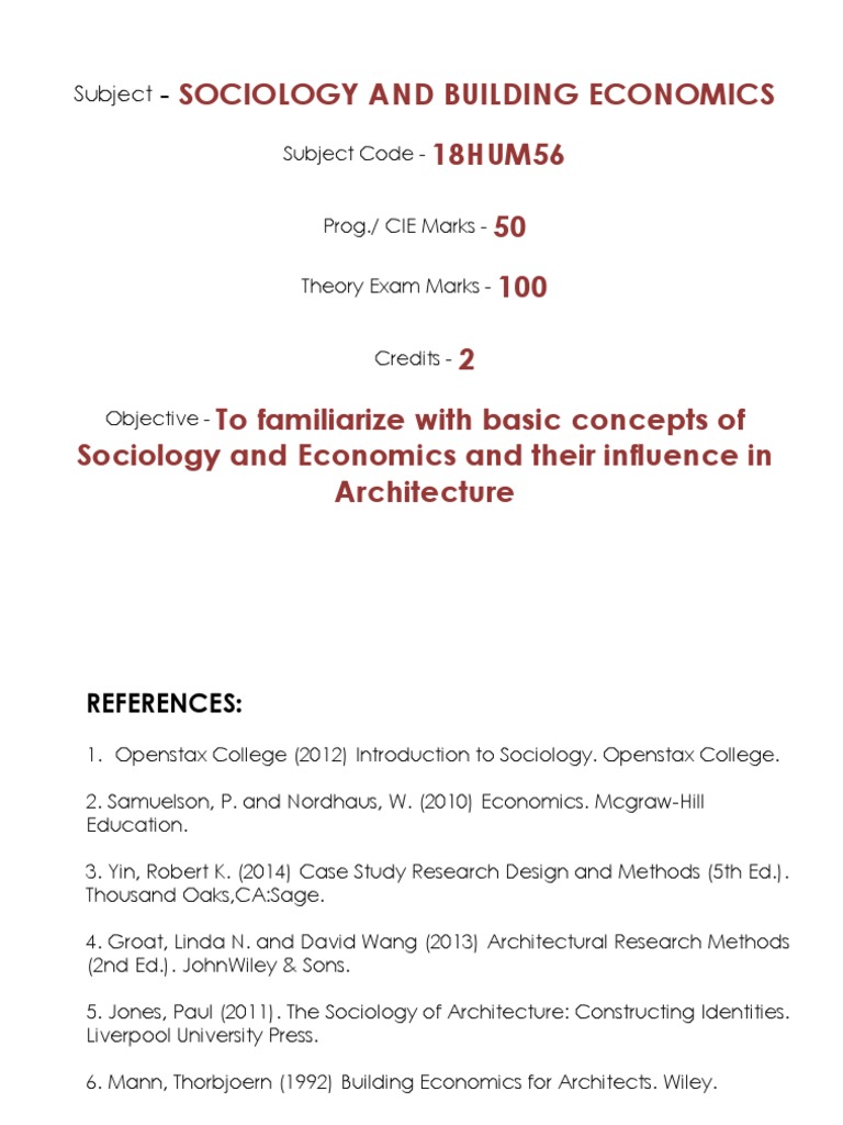 Sociology and Building Economics 18HUM56 50 100 2 To Familiarize With Basic Concepts of ...