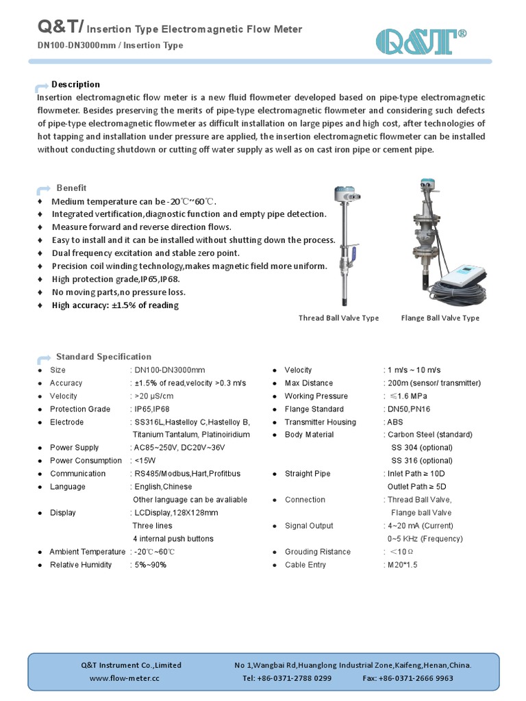 Insertion Type Electromagnetic Flow Meter | PDF | Flow Measurement ...