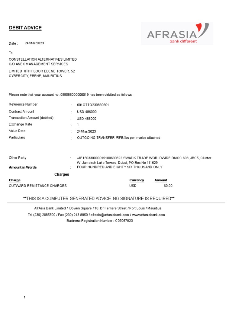 Debit Advice - No Signature Required | PDF | Business