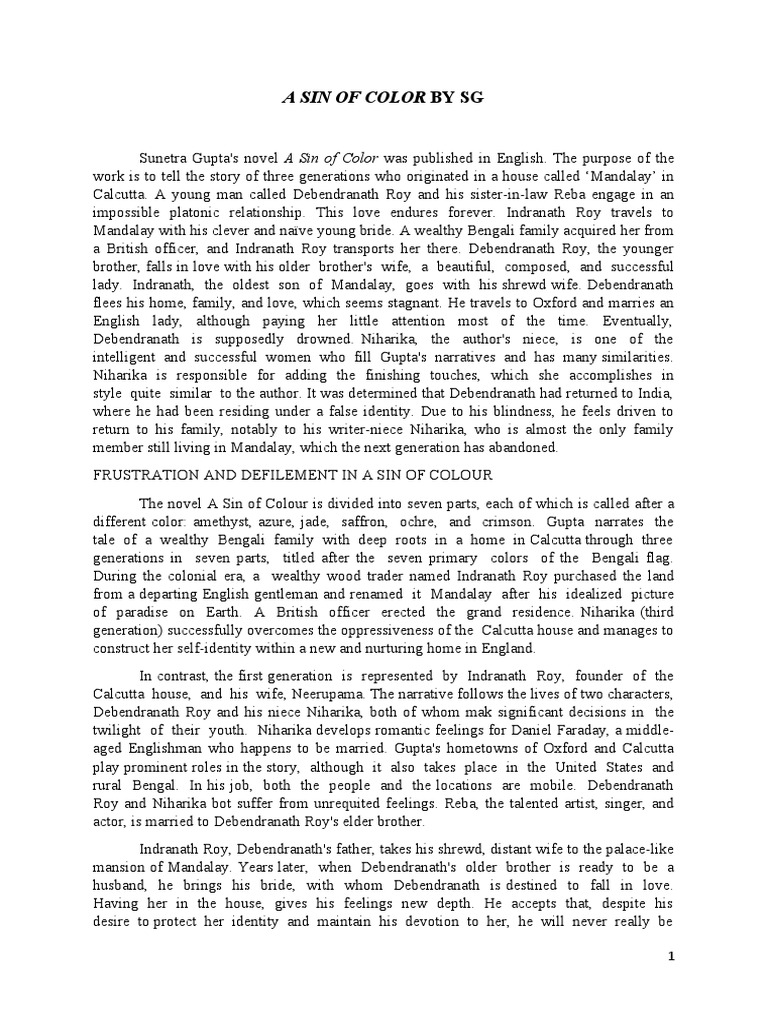 A SIN OF COLOR BY Sunetra Gupta | PDF