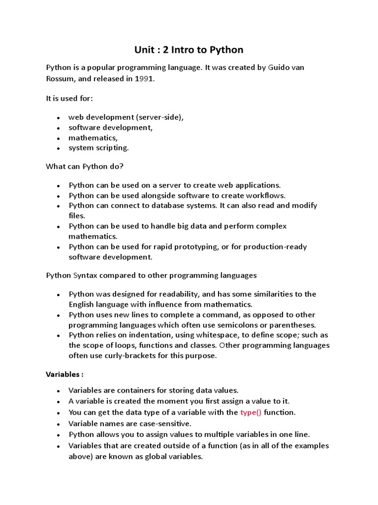 Unit 2 Intro To Python Variables Pdf Python Programming Language Parameter Computer