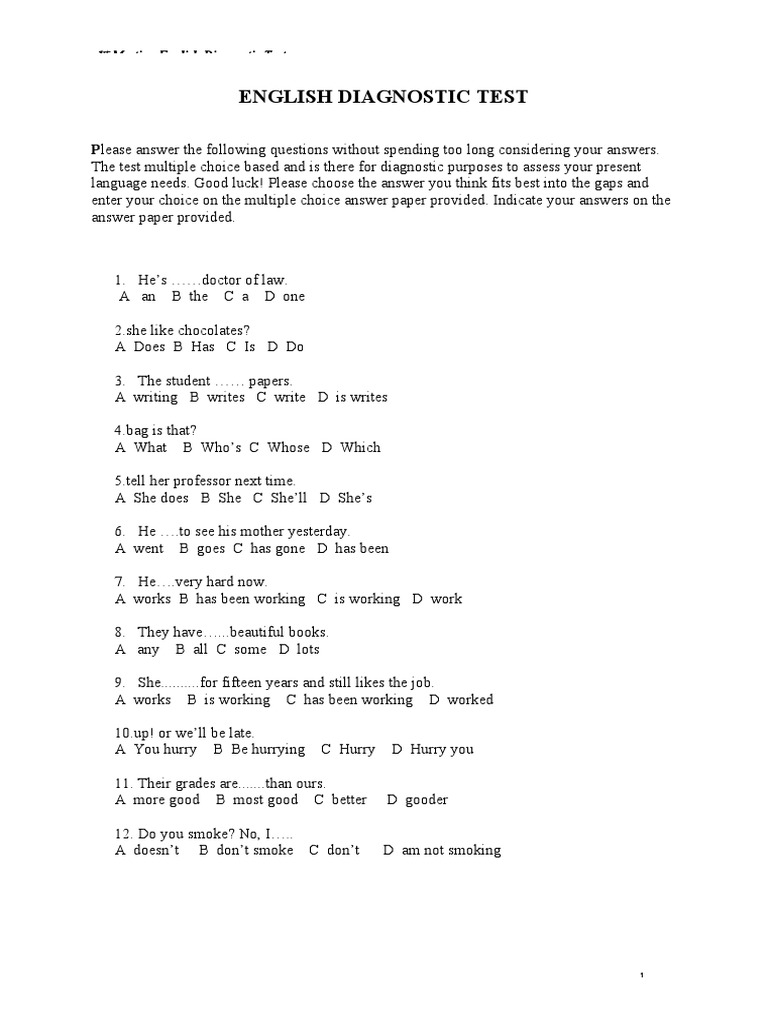 1st Meeting Diagnostic English - Test | PDF | Multiple Choice