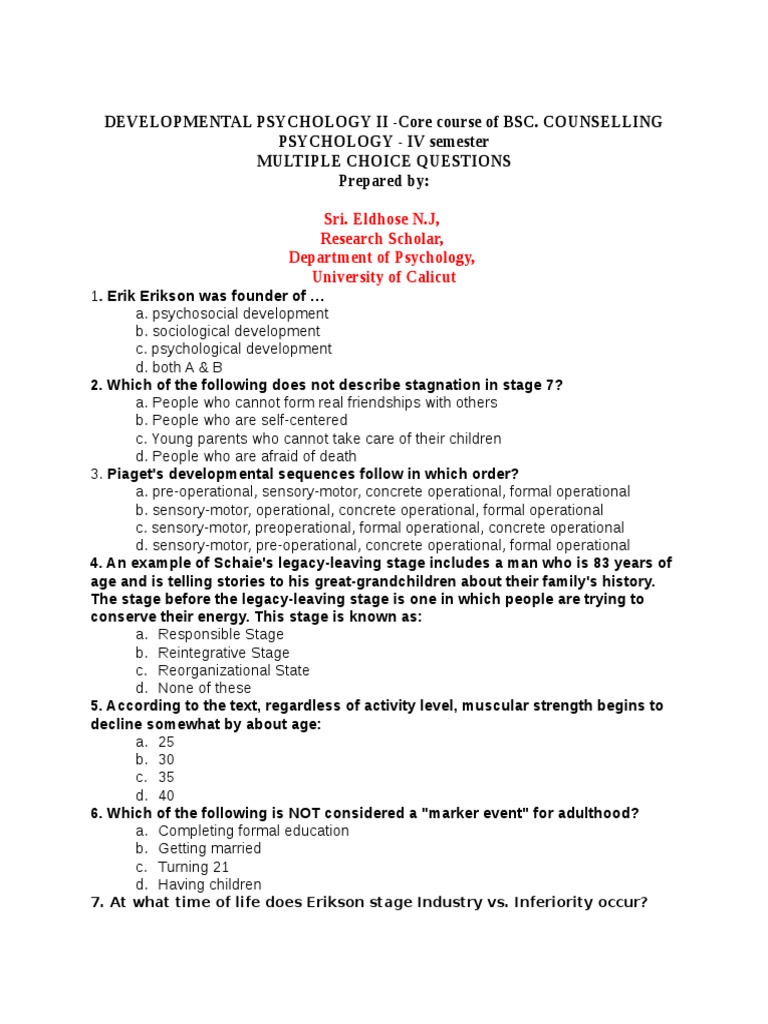 Developmental Psychology MCQs | PDF | Developmental Psychology | Intelligence