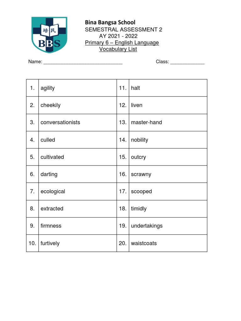 P6 SA2 Final Vocabulary List-30-04-2022 | PDF